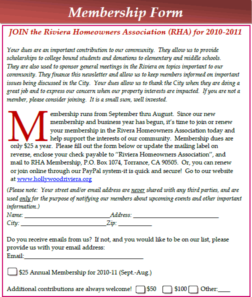 Membership Form 2010-2011 | Riviera Homeowners Association